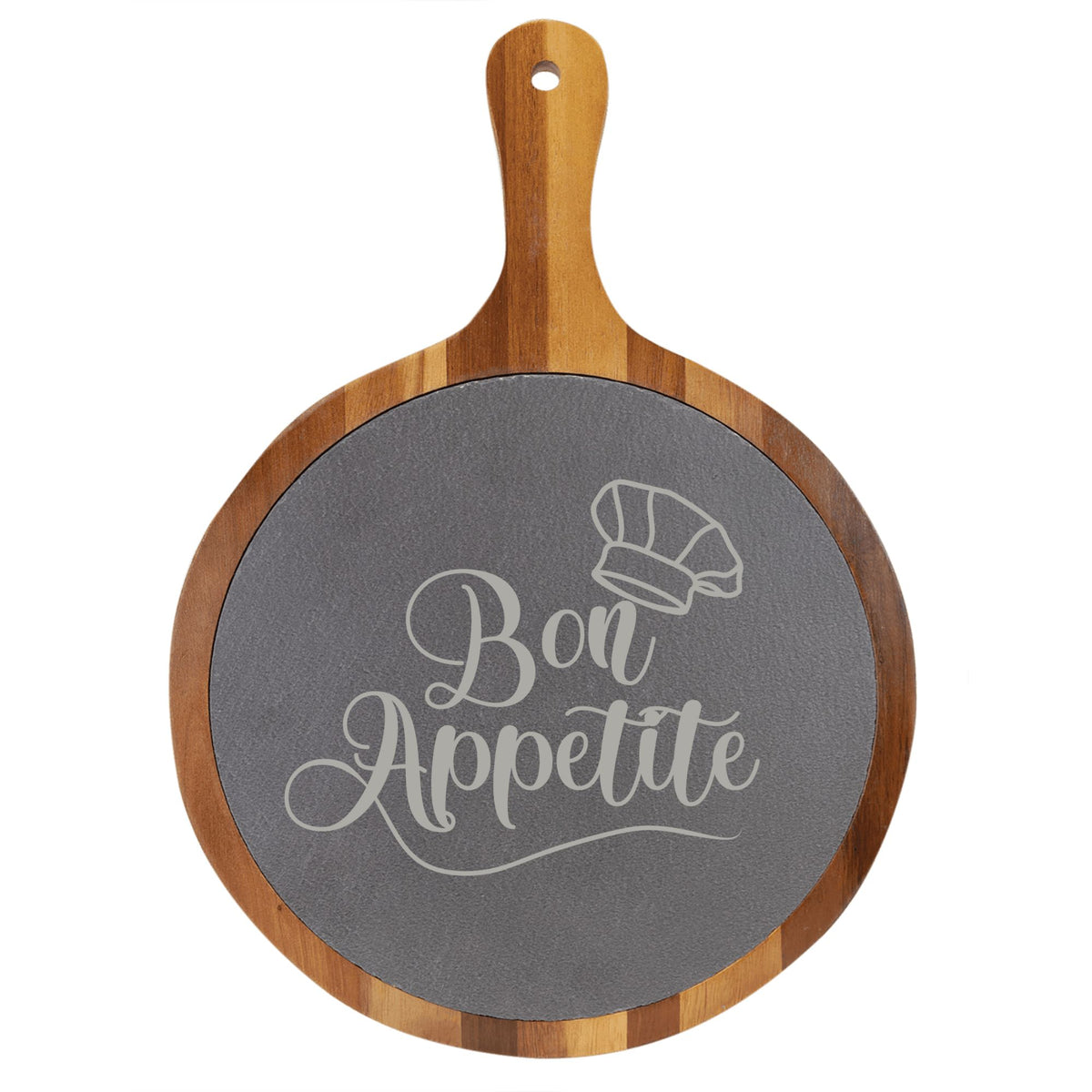 Laser Engraved "Bon Appétit" Round Acacia Wood & Slate Cutting/Serving ...